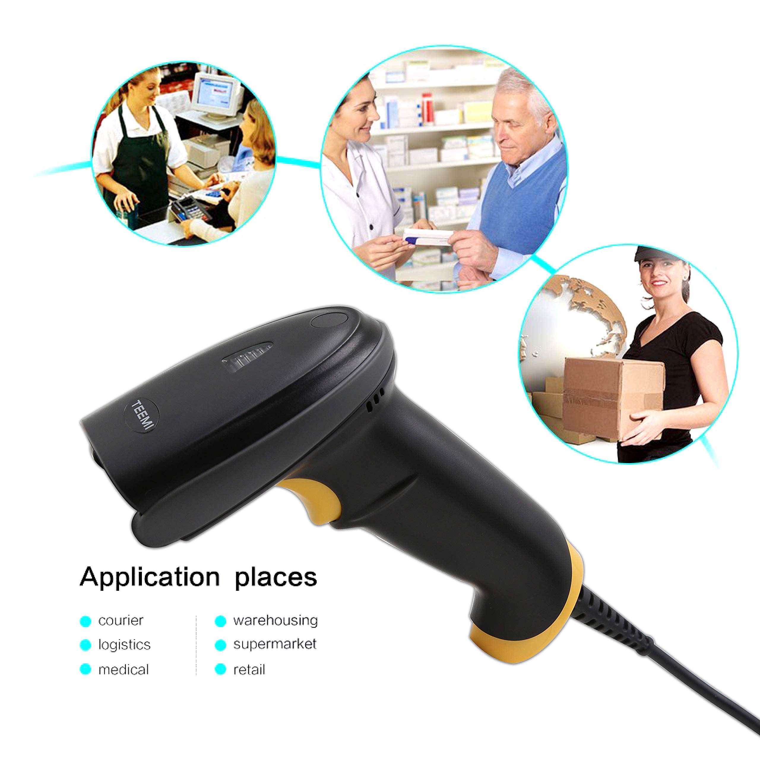 TEEMI 2D Barcode Scanner USB Wired Virtual COM Handheld Automatic QR Data Matrix PDF417 Maxi IMB bar Codes Imager Global Shutter Computer Screen Scan for Windows Mac and Linux PC POS, No Stand