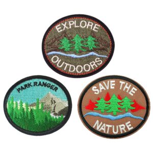 u-sky sew or iron on patches, forest park ranger iron patches for jackets, explore outdoors save the nature embroidery patches for backpacks, adventure patches for jeans, 3pcs different design pack