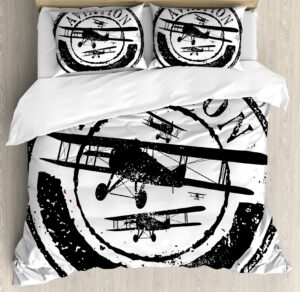 ambesonne vintage airplane duvet cover set, grunge style stamp design word aviation and plane silhouettes, decorative 3 piece bedding set with 2 pillow shams, king size, black