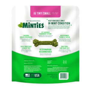 Minties Dental Chews for Dogs, 16 Count, Vet-Recommended Mint-Flavored Dental Treats for Tiny/Small Dogs 5-24 lbs, Dental Bones Clean Teeth, Fight Bad Breath, and Removes Plaque and Tartar