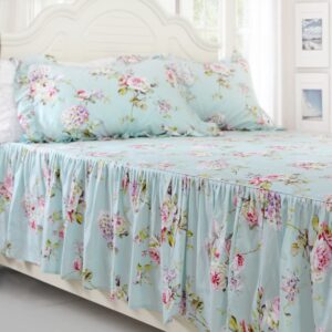 FADFAY Shabby Floarl Cotton Bedding Set Queen 4-Pieces Light Blue Hydrangea Print Duvet Cover Set with Bedskirt French Country Style with Ruffle -1 Duvet Cover, 1 Bedskirt, 2 Pillowshams