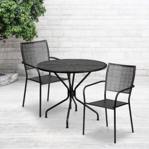 flash furniture commercial grade 35.25" round black indoor-outdoor steel patio table set with 2 square back chairs