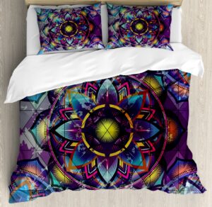 ambesonne lotus duvet cover set, psychedelic surreal geometry mandala background futuristic effects print, decorative 3 piece bedding set with 2 pillow shams, king size, lilac blue