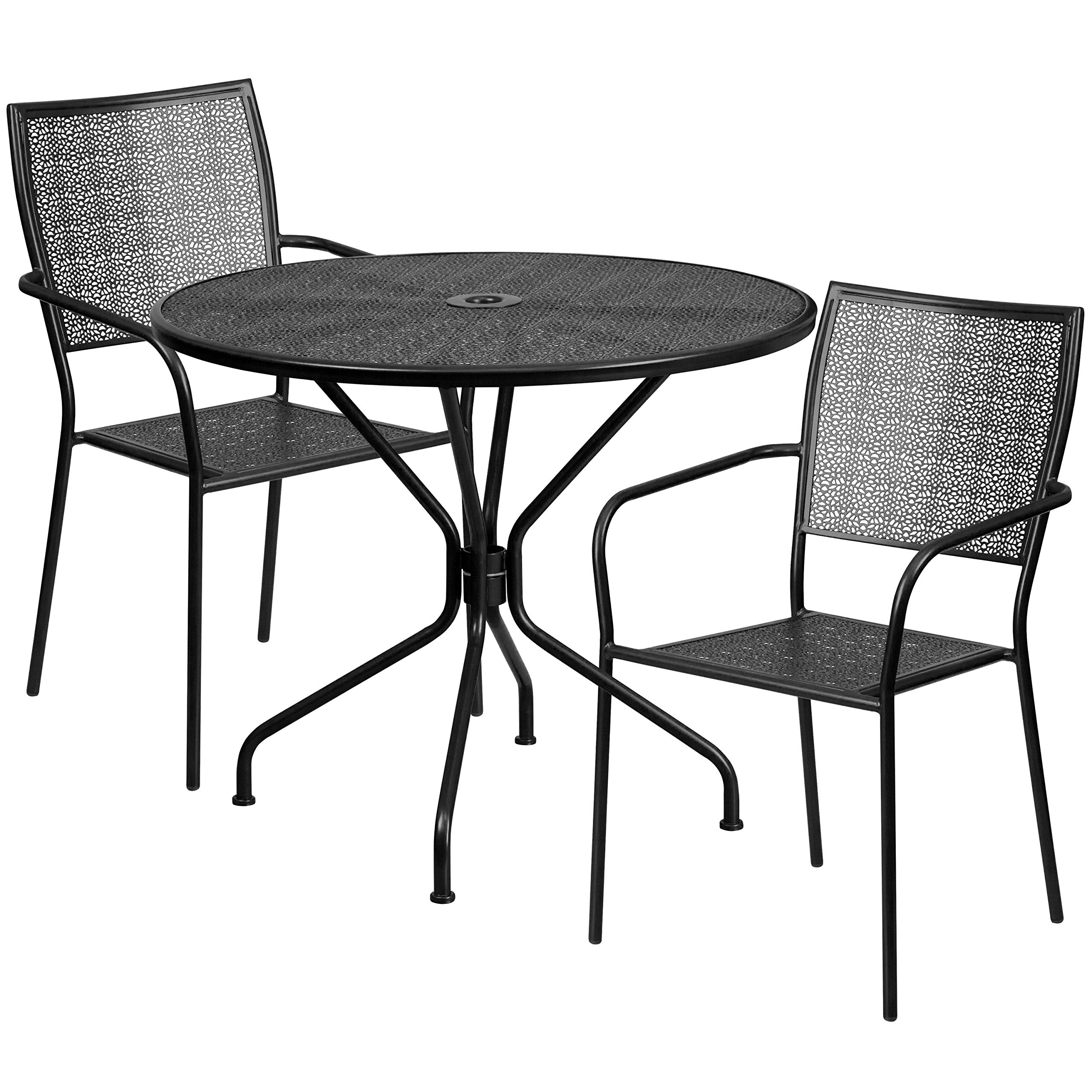 Flash Furniture Commercial Grade 35.25" Round Black Indoor-Outdoor Steel Patio Table Set with 2 Square Back Chairs