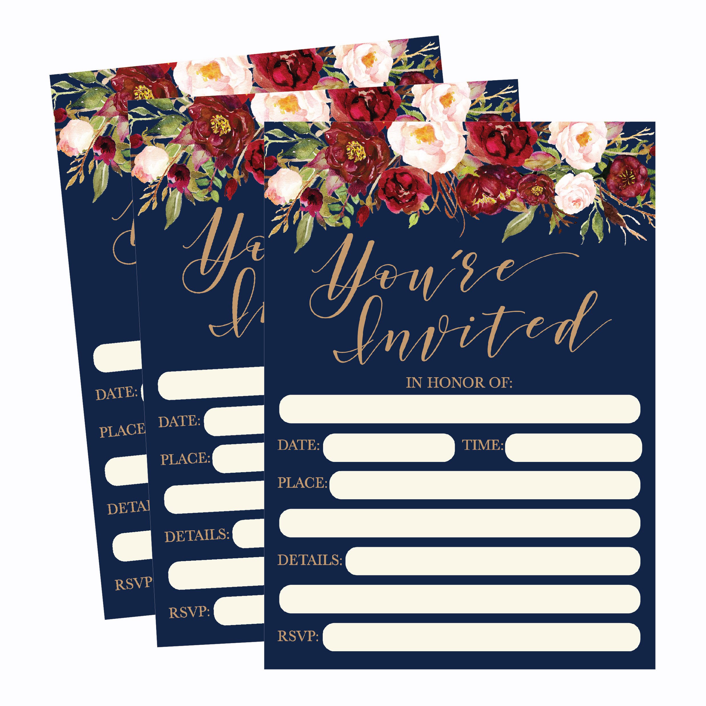 Hadley Designs 50 Floral Invitations, Fall Bridal or Baby Shower, Birthday Invitation Wedding Rehearsal invitation, Autumn Engagement Bachelorette Reception Anniversary, Housewarming, Graduation