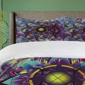 Ambesonne Lotus Duvet Cover Set, Psychedelic Surreal Geometry Mandala Background Futuristic Effects Print, Decorative 3 Piece Bedding Set with 2 Pillow Shams, King Size, Lilac Blue