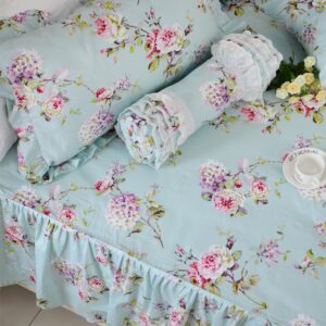 FADFAY Shabby Floarl Cotton Bedding Set Queen 4-Pieces Light Blue Hydrangea Print Duvet Cover Set with Bedskirt French Country Style with Ruffle -1 Duvet Cover, 1 Bedskirt, 2 Pillowshams