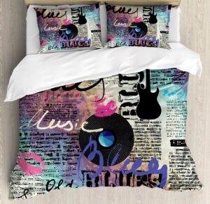 ambesonne old newspaper duvet cover set, retro blues music genre old record electric guitars kiss inscriptions grunge, decorative 3 piece bedding set with 2 pillow shams, queen size, dark lavender