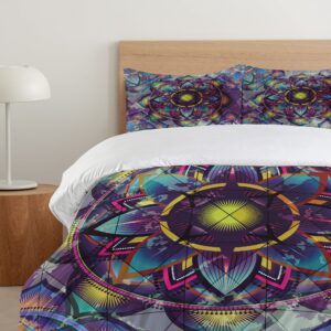 Ambesonne Lotus Duvet Cover Set, Psychedelic Surreal Geometry Mandala Background Futuristic Effects Print, Decorative 3 Piece Bedding Set with 2 Pillow Shams, King Size, Lilac Blue