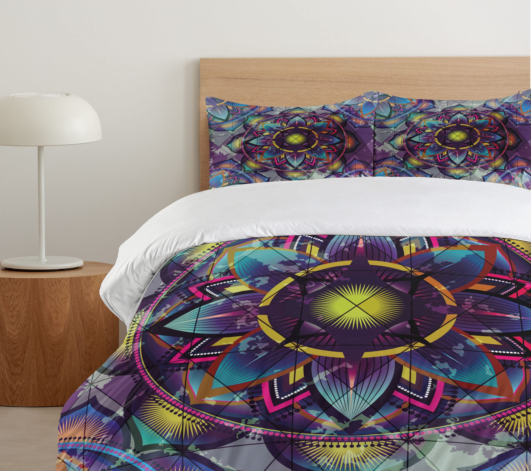 Ambesonne Lotus Duvet Cover Set, Psychedelic Surreal Geometry Mandala Background Futuristic Effects Print, Decorative 3 Piece Bedding Set with 2 Pillow Shams, King Size, Lilac Blue