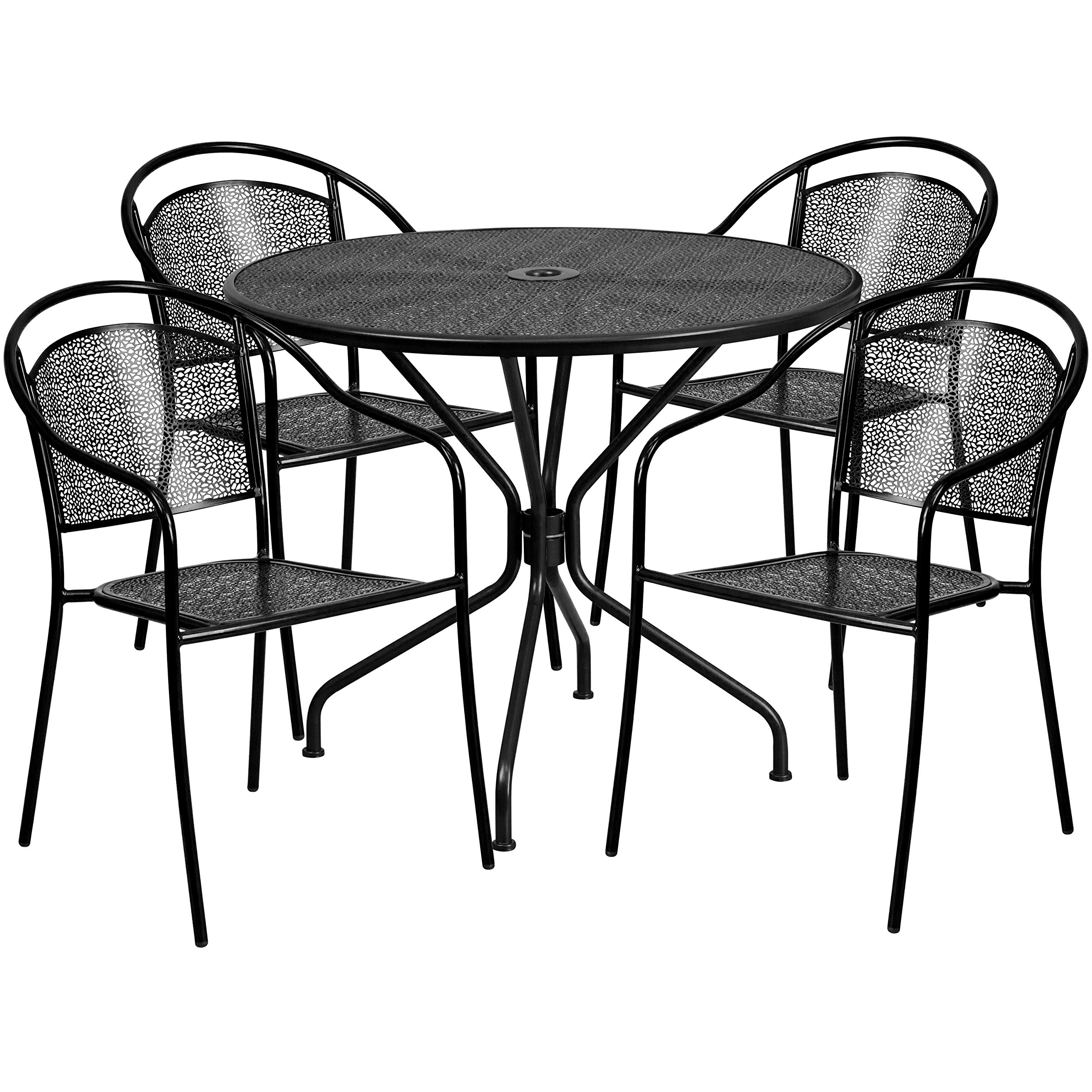 Flash Furniture Oia Commercial Grade 35.25" Round Black Indoor-Outdoor Steel Patio Table Set with 4 Round Back Chairs