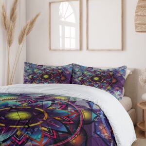 Ambesonne Lotus Duvet Cover Set, Psychedelic Surreal Geometry Mandala Background Futuristic Effects Print, Decorative 3 Piece Bedding Set with 2 Pillow Shams, King Size, Lilac Blue