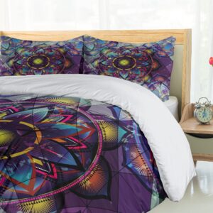 Ambesonne Lotus Duvet Cover Set, Psychedelic Surreal Geometry Mandala Background Futuristic Effects Print, Decorative 3 Piece Bedding Set with 2 Pillow Shams, King Size, Lilac Blue