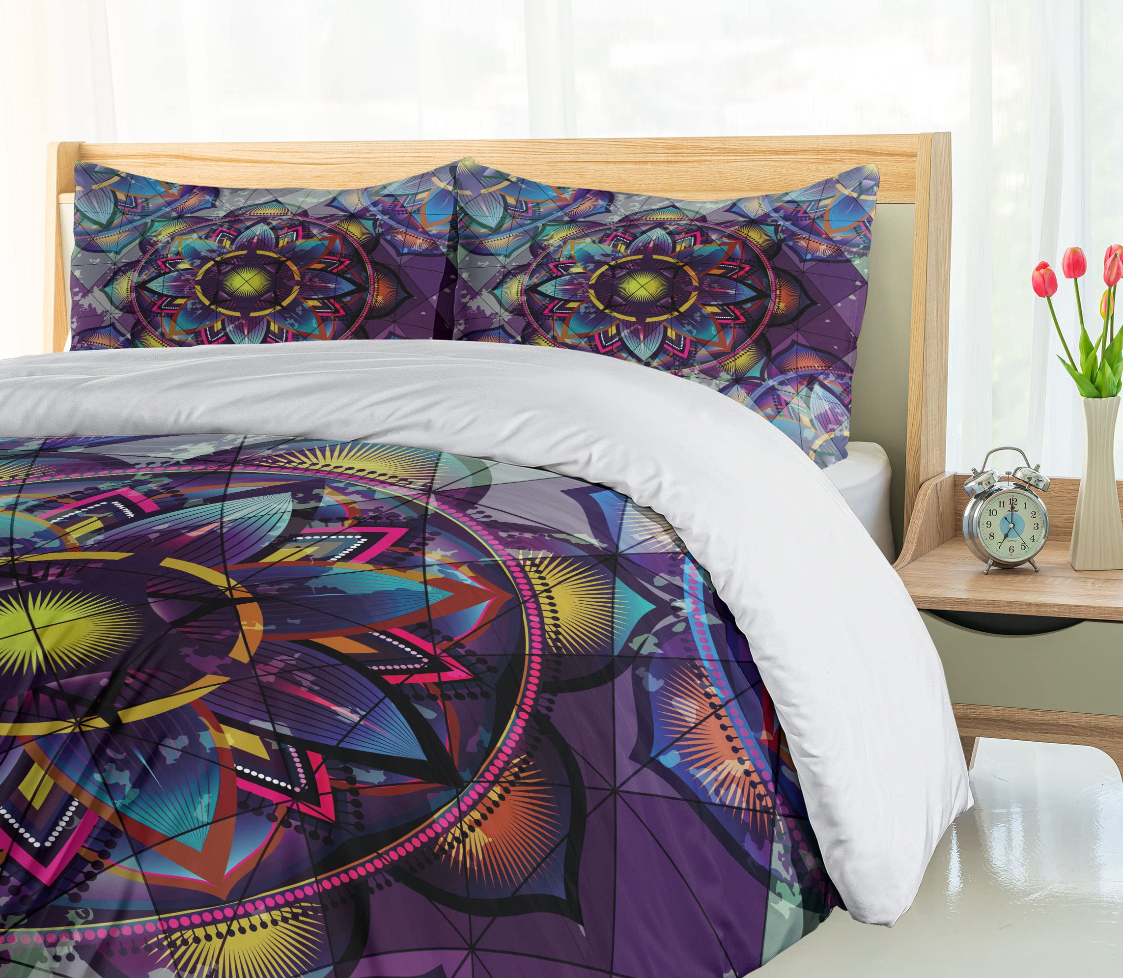 Ambesonne Lotus Duvet Cover Set, Psychedelic Surreal Geometry Mandala Background Futuristic Effects Print, Decorative 3 Piece Bedding Set with 2 Pillow Shams, King Size, Lilac Blue