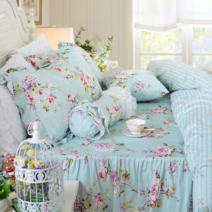 FADFAY Shabby Floarl Cotton Bedding Set Queen 4-Pieces Light Blue Hydrangea Print Duvet Cover Set with Bedskirt French Country Style with Ruffle -1 Duvet Cover, 1 Bedskirt, 2 Pillowshams