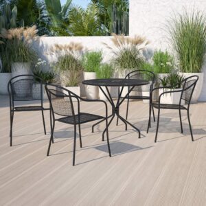 flash furniture oia commercial grade 35.25" round black indoor-outdoor steel patio table set with 4 round back chairs