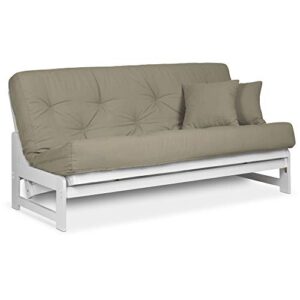 arden white futon set queen size - armless futon frame with mattress included (twill khaki), space saving modern sofa bed sleeper