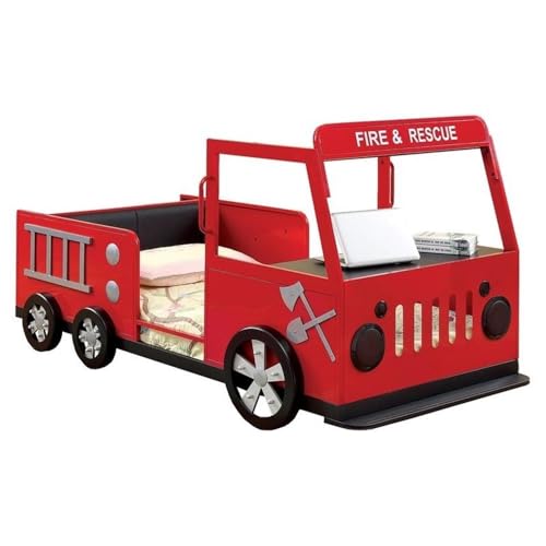 Furniture of America Jennen Novelty Metal Fire Truck Twin Bed in Red