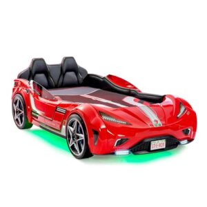 cilek gts ev twin race car bed, remote control, led lights, ev sound fx, vegan leather interior, license plate, red