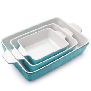 krokori casserole dishes for oven, ceramic baking dishes, lasagna pan with handles, porcelain baking pan deep, bakeware for baking, cooking, wedding gift, set of 3 (11.6" x 7.8", aquamarine)