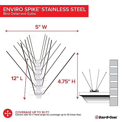 Bird B Gone - Pre-Assembled EnviroSpike Stainless Steel Anti Bird Spikes (10') - UV-Stabilized Polycarbonate Base - Humane Deterrent - Stops Pigeons & Birds from Roosting On Rooftops, Ledges, Fences