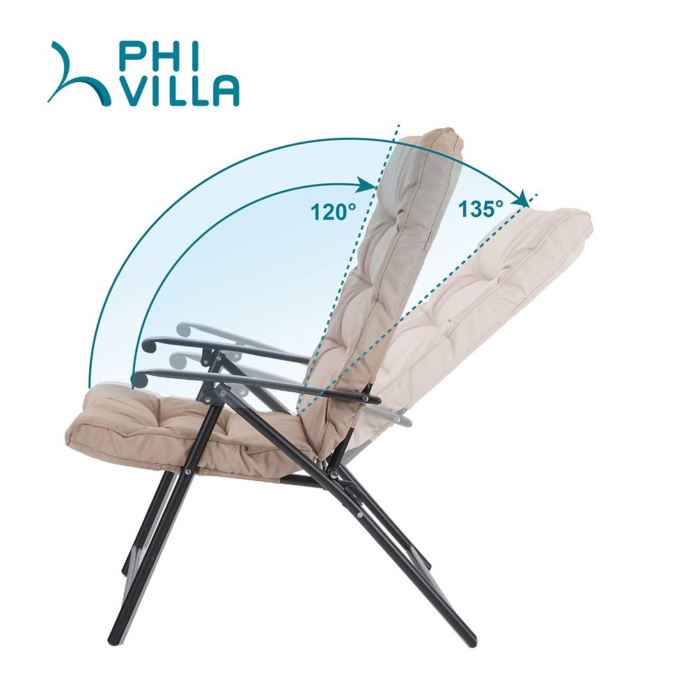 PHI VILLA 3 PCS Patio Bistro Set Outdoor Furniture Folding Chairs Set with Beige Cushions, 2 Adjustable Reclining Chairs & 1 Tempered Glass Coffee Table