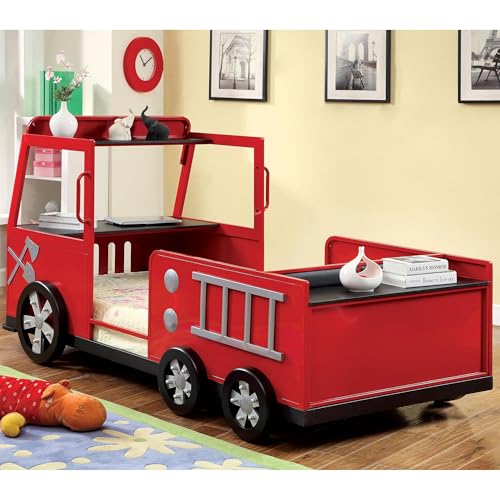 Furniture of America Jennen Novelty Metal Fire Truck Twin Bed in Red