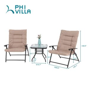 PHI VILLA 3 PCS Patio Bistro Set Outdoor Furniture Folding Chairs Set with Beige Cushions, 2 Adjustable Reclining Chairs & 1 Tempered Glass Coffee Table