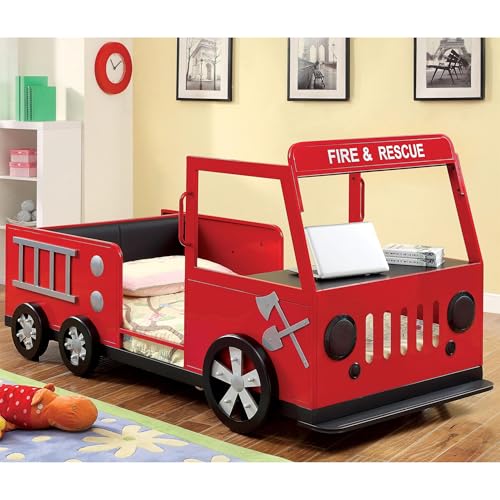 Furniture of America Jennen Novelty Metal Fire Truck Twin Bed in Red