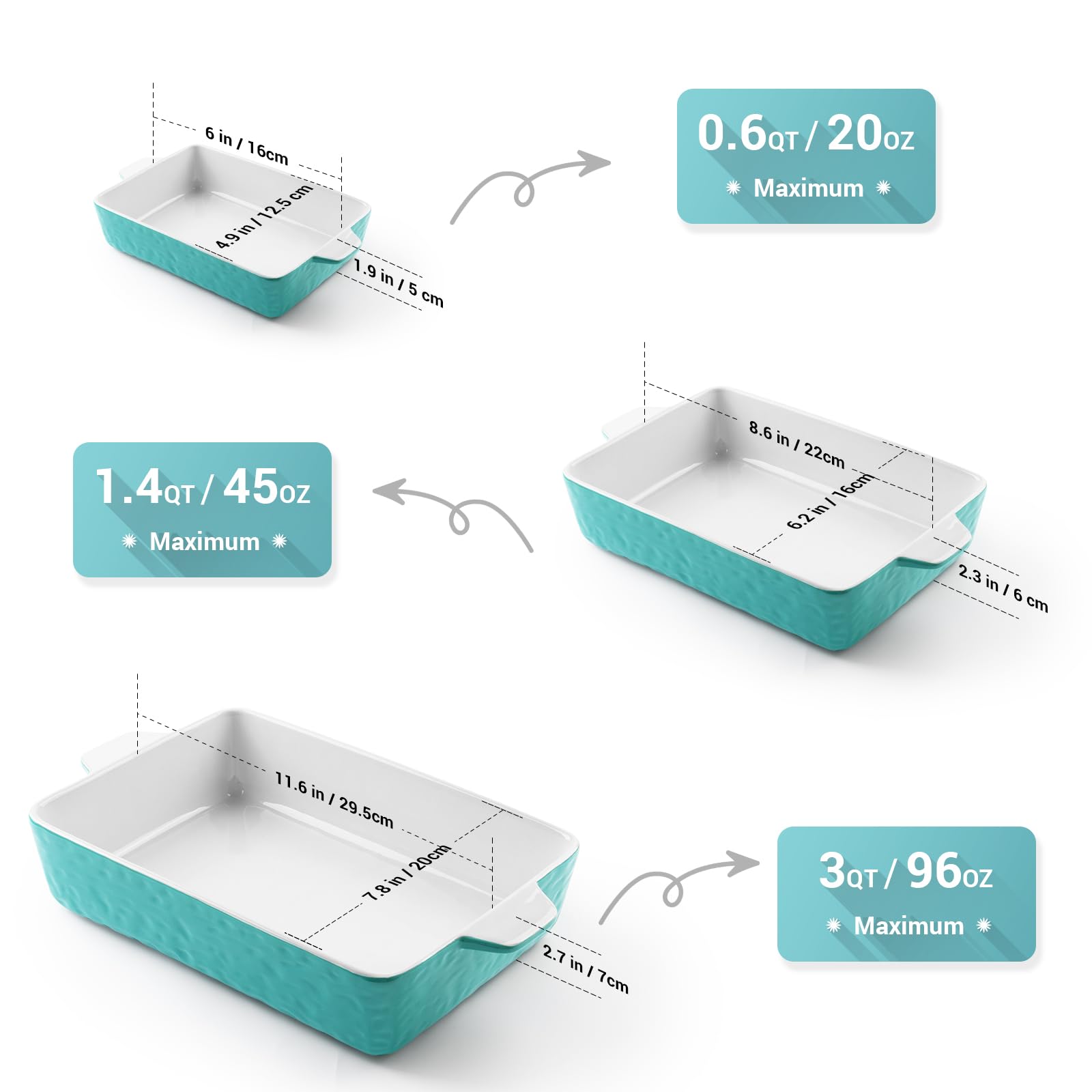 Krokori Casserole Dishes for Oven, Ceramic Baking Dishes, Lasagna Pan with Handles, Porcelain Baking Pan Deep, Bakeware for Baking, Cooking, Wedding Gift, Set of 3 (11.6" x 7.8", Aquamarine)