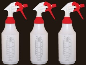 spray bottles with large top for easy filling, reusable, 32oz, 3 complete bottles, with scale on side of bottle for easy mixing, part# wm83233-wm03-red (red & white sprayer top)