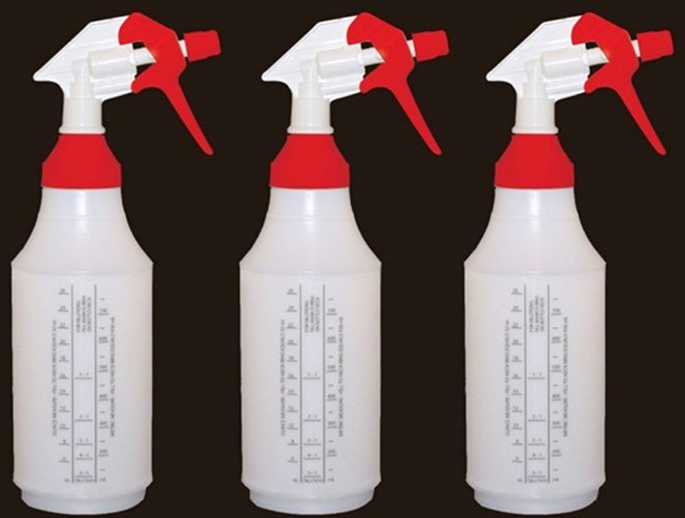 Spray Bottles with Large Top for Easy Filling, Reusable, 32oz, 3 Complete Bottles, with Scale on Side of Bottle for Easy Mixing, Part# WM83233-WM03-RED (Red & White Sprayer Top)