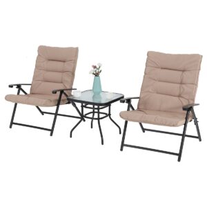 phi villa 3 pcs patio bistro set outdoor furniture folding chairs set with beige cushions, 2 adjustable reclining chairs & 1 tempered glass coffee table