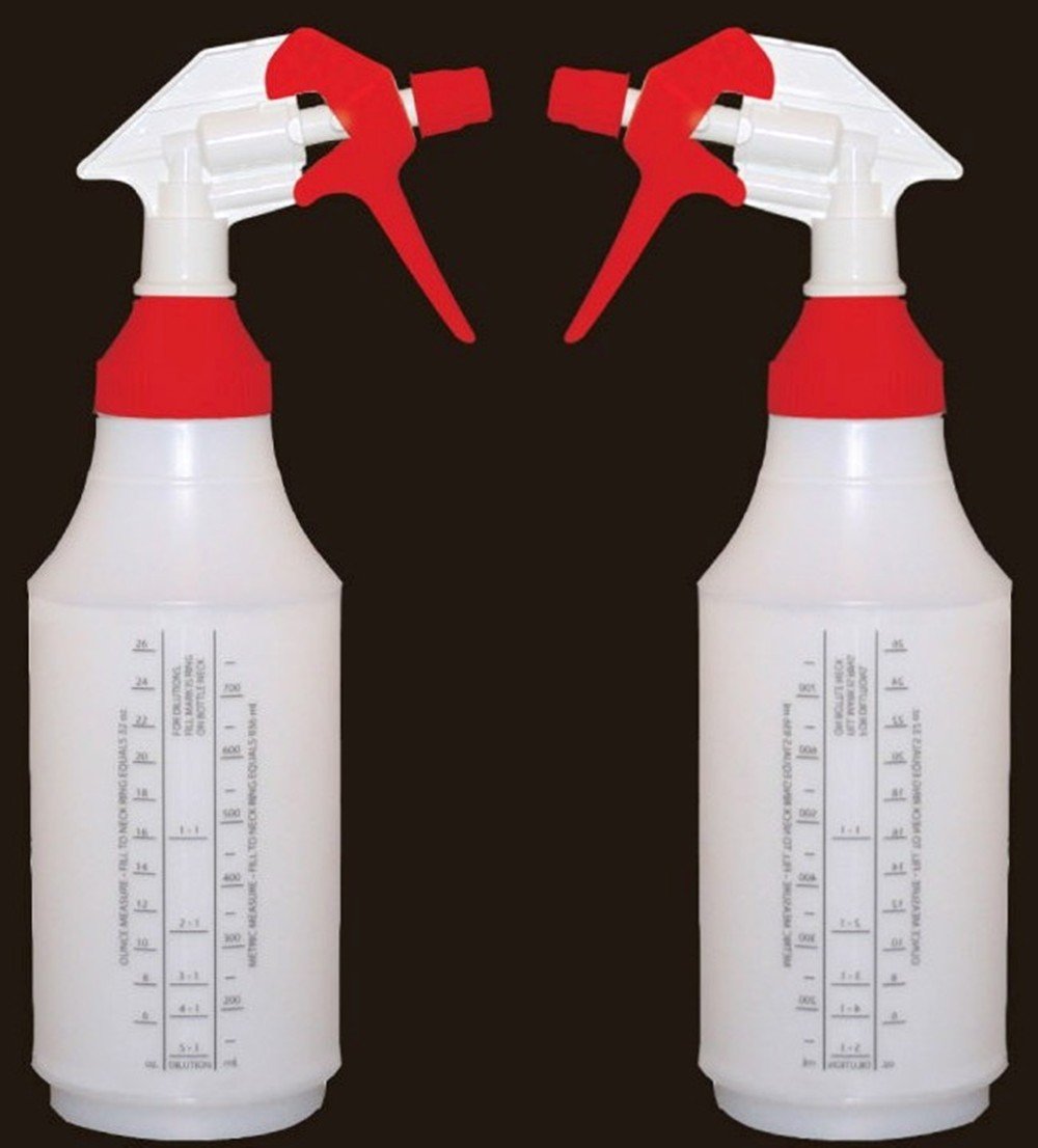 Spray Bottles with Large Top for Easy Filling, Reusable, 32oz, 2 Complete Bottles, with Scale on Side of Bottle for Easy Mixing, Part# WM83233-WM02-RED (Red & White Sprayer Top)