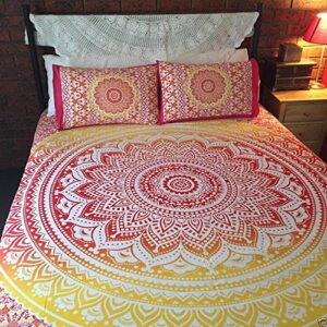 sophia-art indian handmade hippie cotton ethnic print bohemian mandala ombre duvet cover bedding donna comforter cover throw blanket with 2 pillows shams (red yellow, twin 52 * 74 inches)