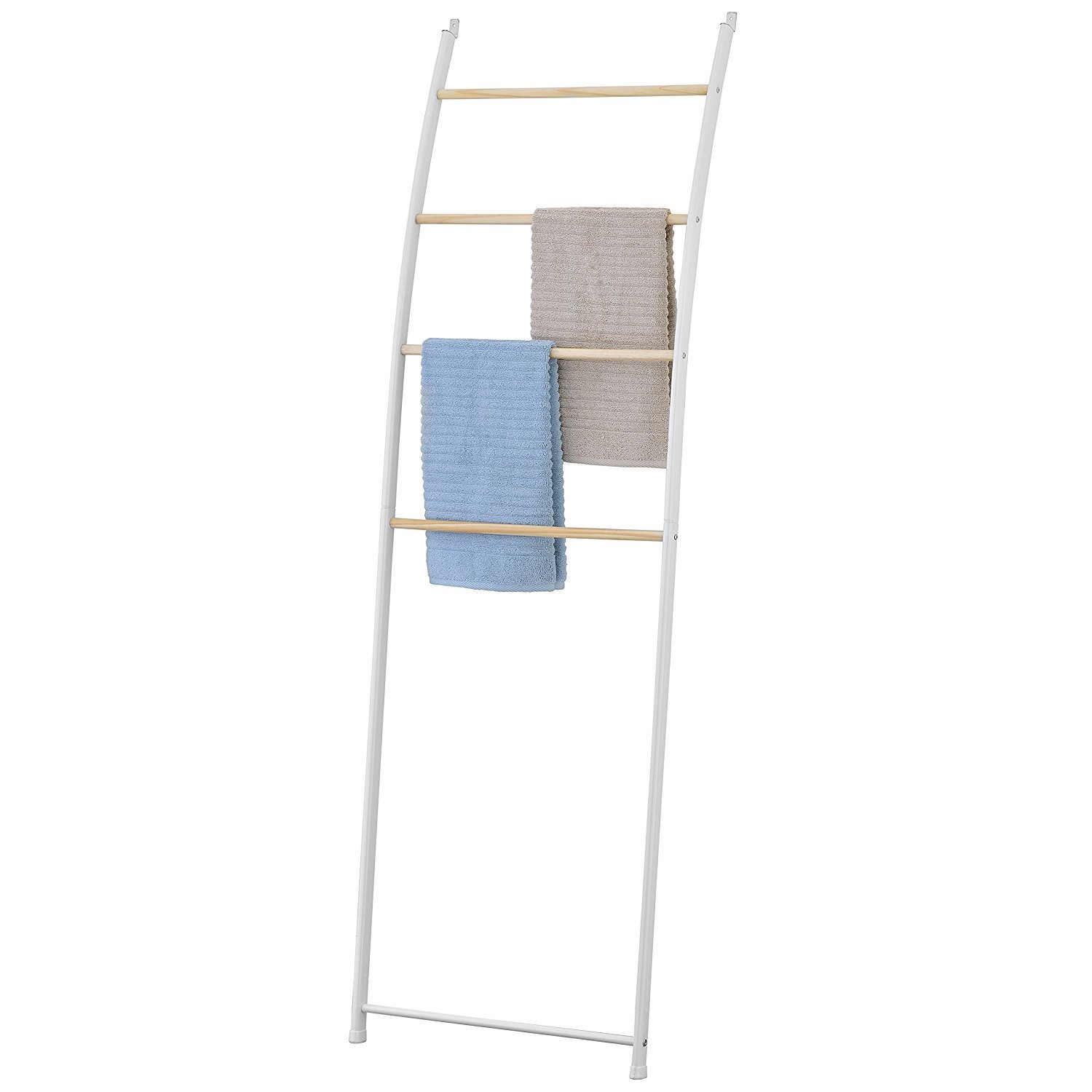 MyGift 4 Rung White Wall Leaning Blanket Ladder for Bedroom and Living Room, Bath Towel Storage Ladder, Freestanding Bathroom Drying Rack for Towels with Top and Bottom Non Slip Rubber Feet