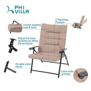 PHI VILLA 3 PCS Patio Bistro Set Outdoor Furniture Folding Chairs Set with Beige Cushions, 2 Adjustable Reclining Chairs & 1 Tempered Glass Coffee Table