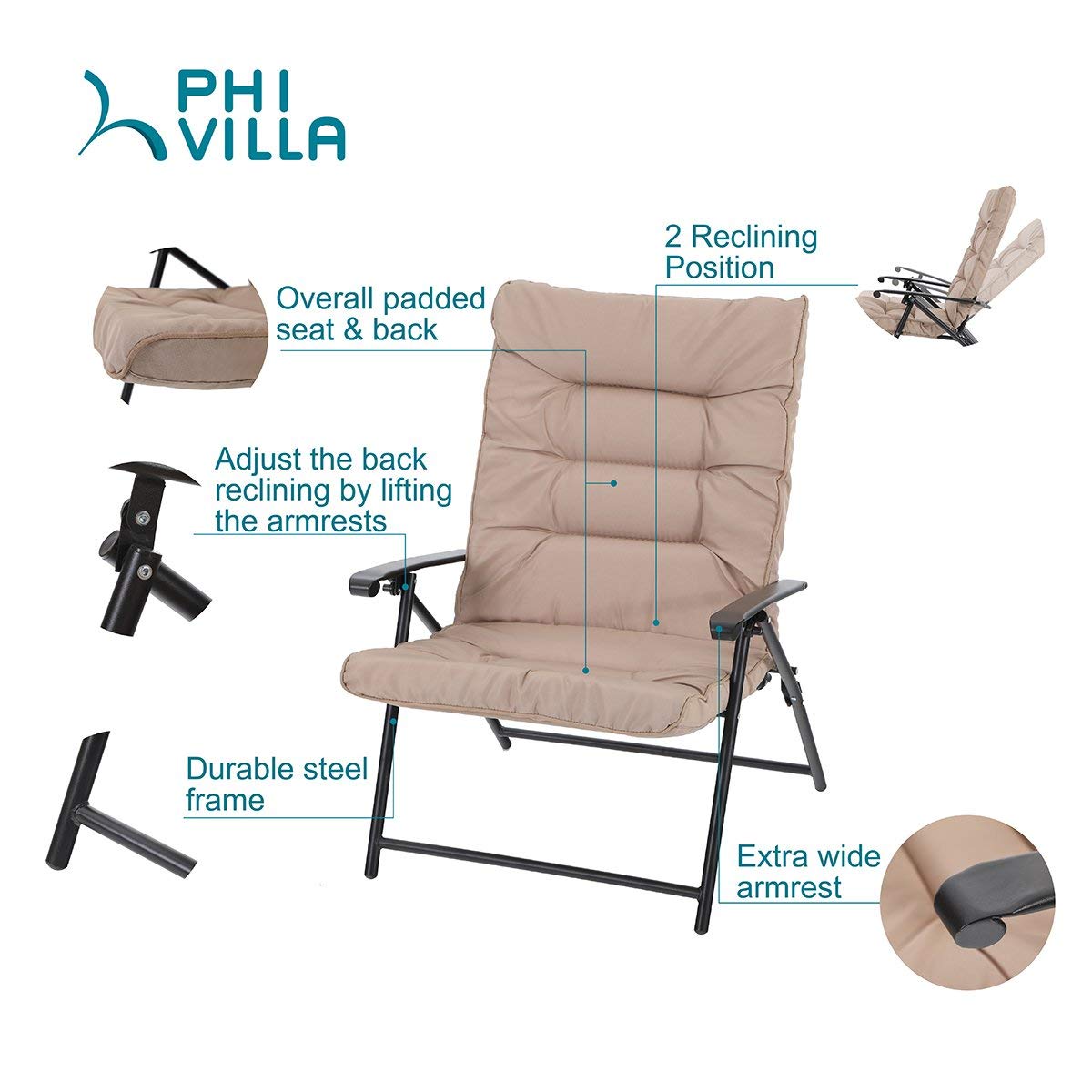 PHI VILLA 3 PCS Patio Bistro Set Outdoor Furniture Folding Chairs Set with Beige Cushions, 2 Adjustable Reclining Chairs & 1 Tempered Glass Coffee Table