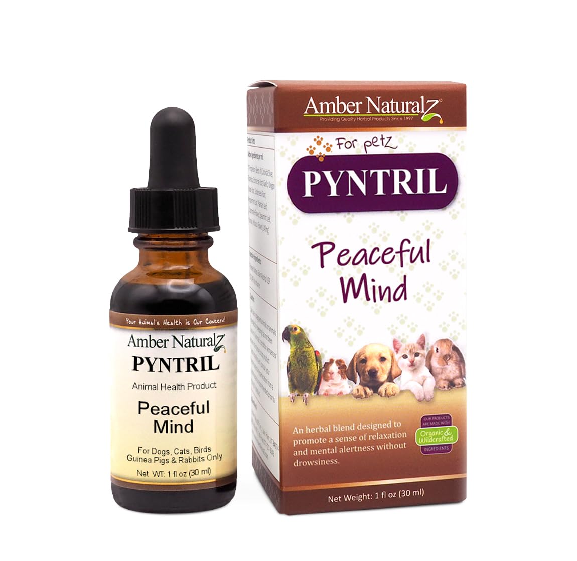 AMBER NATURALZ Pyntril Peaceful Mind Herbal Supplement for Dogs, Cats, Birds, Guinea Pigs, and Rabbits | Herbal Pet Supplement for Relaxation | 1 Fluid Ounce Glass Bottle | Manufactured in The USA