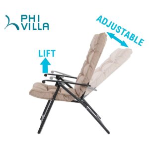 PHI VILLA 3 PCS Patio Bistro Set Outdoor Furniture Folding Chairs Set with Beige Cushions, 2 Adjustable Reclining Chairs & 1 Tempered Glass Coffee Table