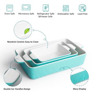 Krokori Casserole Dishes for Oven, Ceramic Baking Dishes, Lasagna Pan with Handles, Porcelain Baking Pan Deep, Bakeware for Baking, Cooking, Wedding Gift, Set of 3 (11.6" x 7.8", Aquamarine)