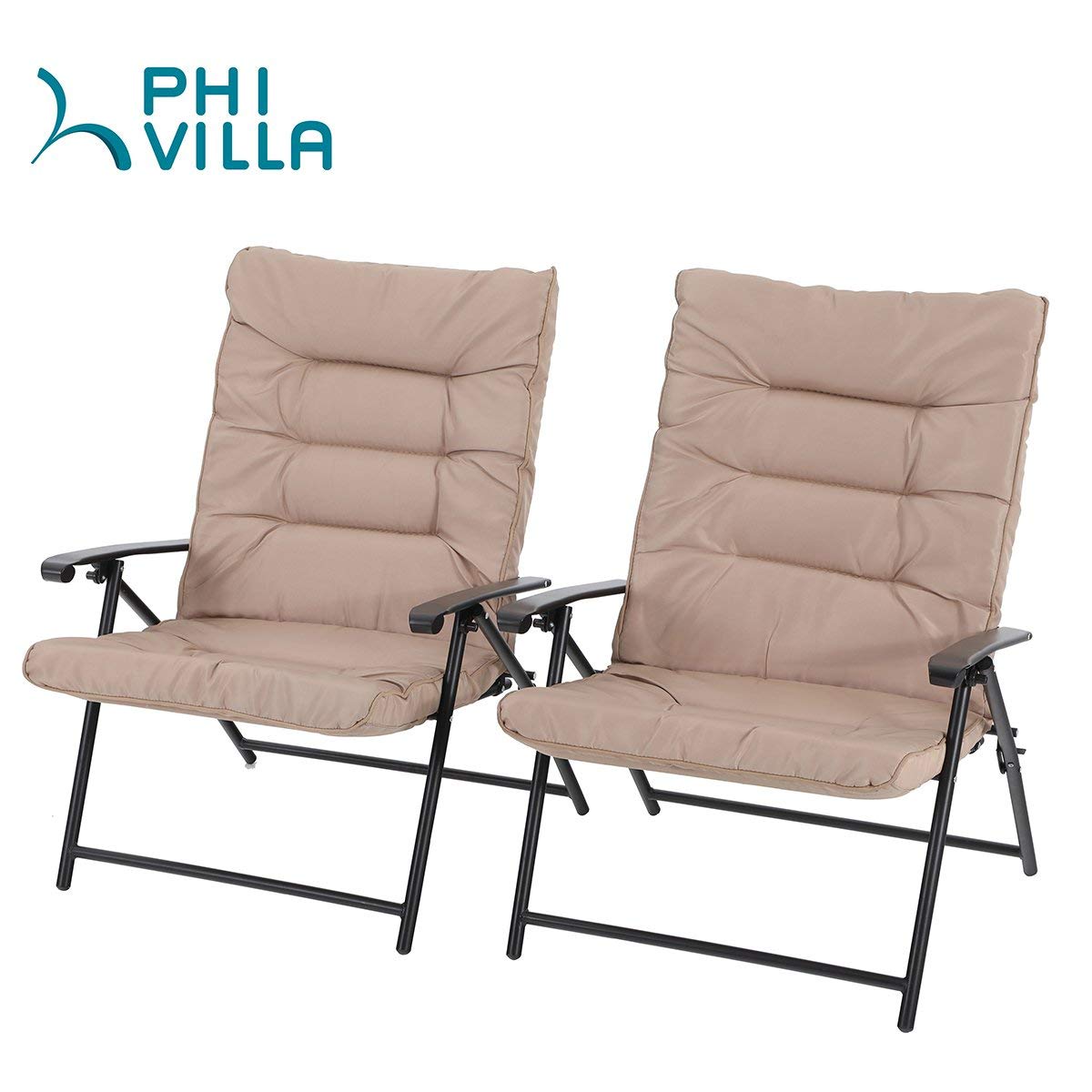 PHI VILLA 3 PCS Patio Bistro Set Outdoor Furniture Folding Chairs Set with Beige Cushions, 2 Adjustable Reclining Chairs & 1 Tempered Glass Coffee Table