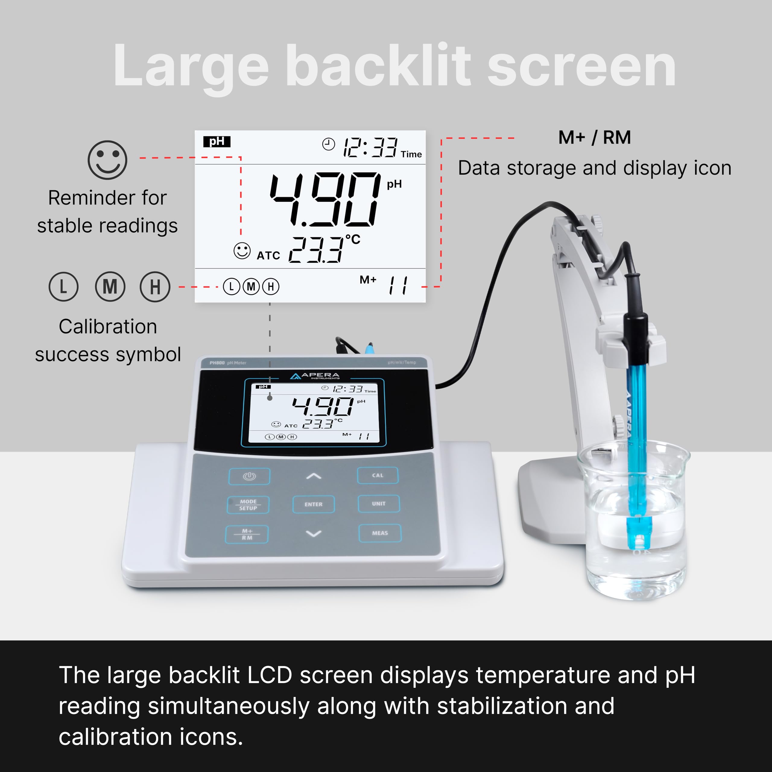 Apera Instruments AI521 PH800 Laboratory Benchtop pH Meter Kit, 0.01 pH Accuracy, GLP Data Management (USB output), BNC connector