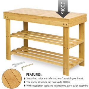 BAMBUROBA Shoe Rack Storage Bench Bamboo Organizer Entryway Organizing Shelf with Storage Drawer on Top, Natural