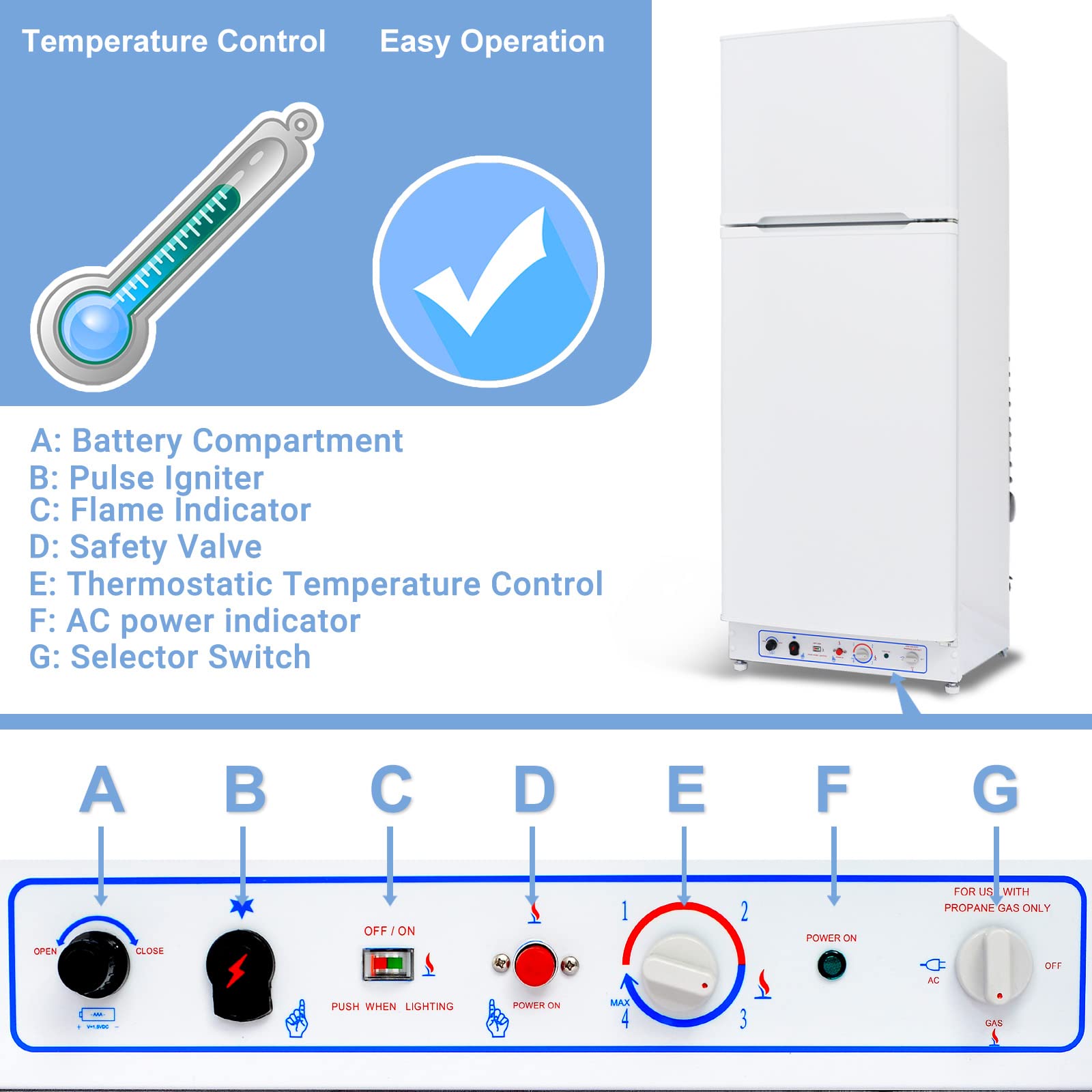 Smad Propane Refrigerator 110V/Propane Fridge Up Freezer 9.3 Cu.Ft Propane Refrigerator with Freezer Large Capacity Refrigerator Off Grid, White