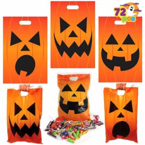 joyin 72 pcs halloween goodie bags, pumpkin plastic candy bags for kids trick or treating, halloween jack o' lantern trick or treat bags for halloween snacks party favors, treats party supplies