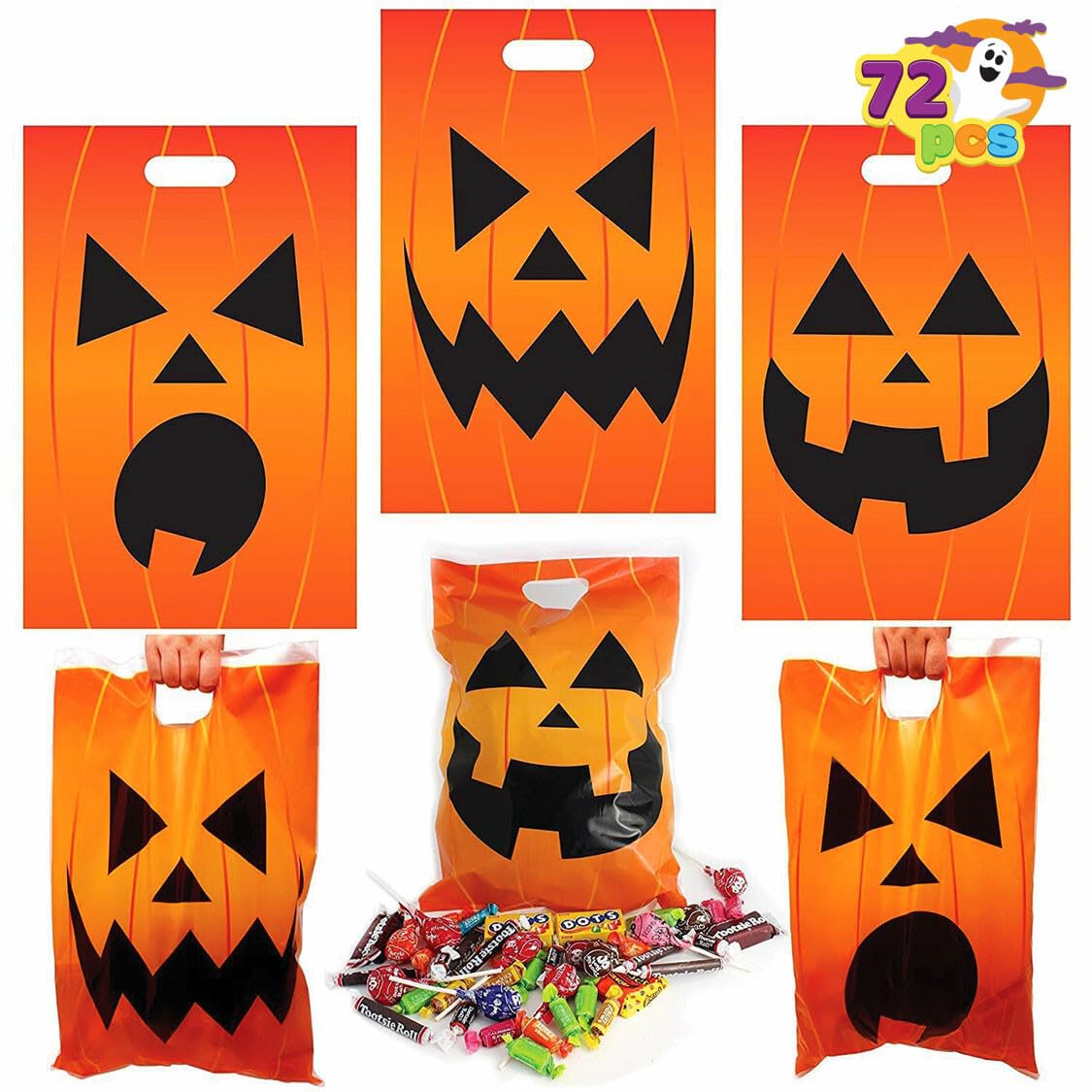 JOYIN 72 Pcs Halloween Goodie Bags, Pumpkin Plastic Candy Bags for Kids Trick or Treating, Halloween Jack o' Lantern Trick or Treat Bags for Halloween Snacks Party Favors, Treats Party Supplies