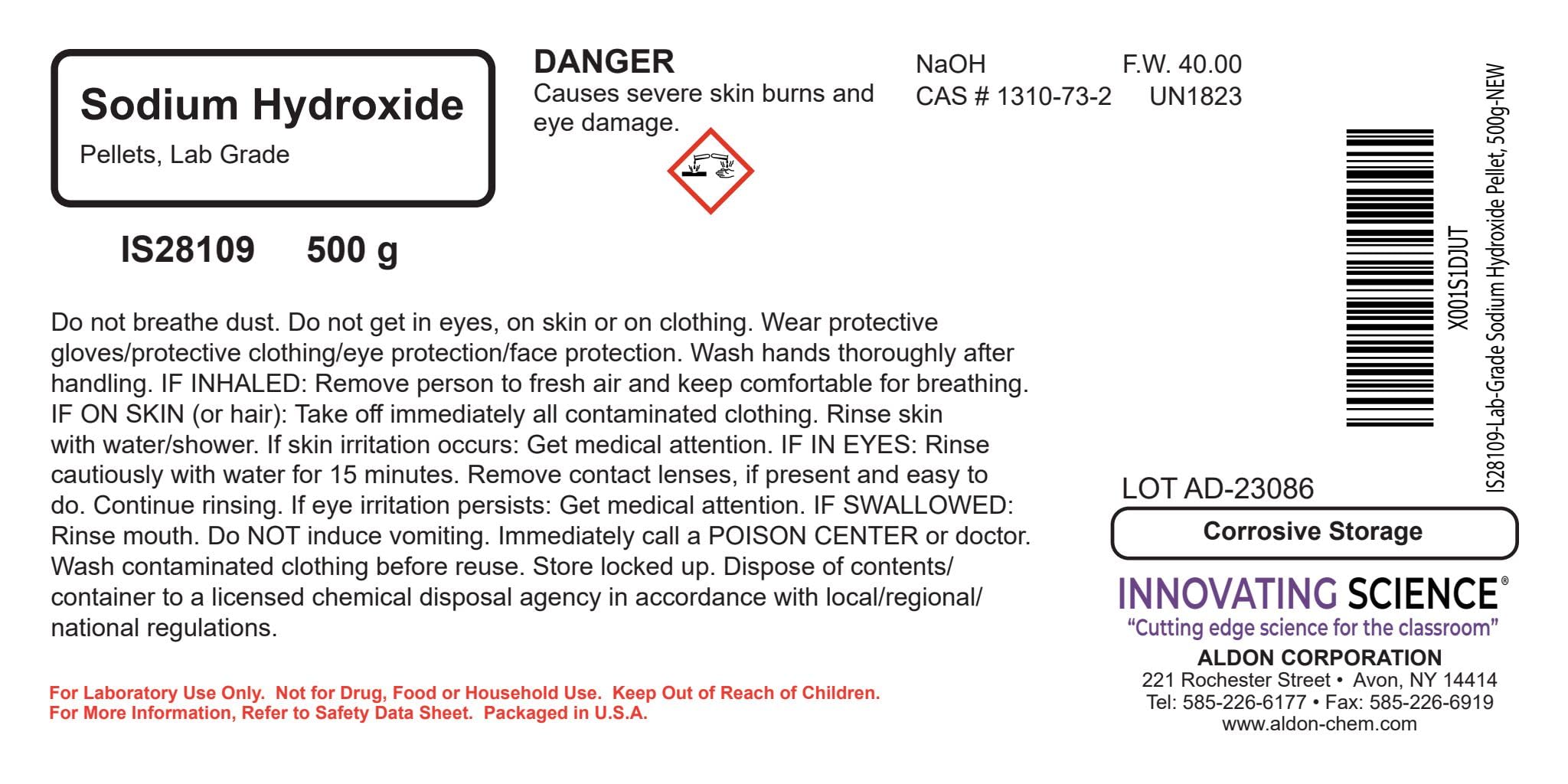 ALDON Innovating Science Laboratory-Grade Sodium Hydroxide Pellet, 500g - The Curated Chemical Collection