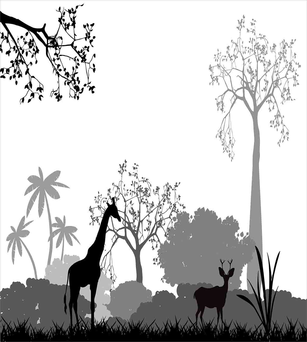 Ambesonne Savannah Duvet Cover Set, Grayscale Silhouette of Savannah Giraffe Deer and Trees Wild Region Theme Africa, Decorative 3 Piece Bedding Set with 2 Pillow Shams, Queen Size, White Grey