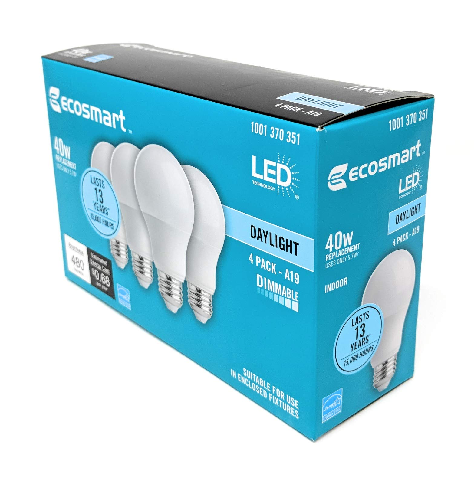 EcoSmart 40W Equivalent Daylight A19 Energy Star + Dimmable LED Light Bulb (4-Pack)